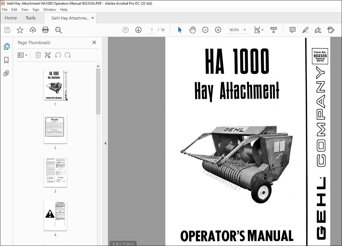 Gehl Hay Attachment HA1000 Operators Manual 902335A – PDF DOWNLOAD