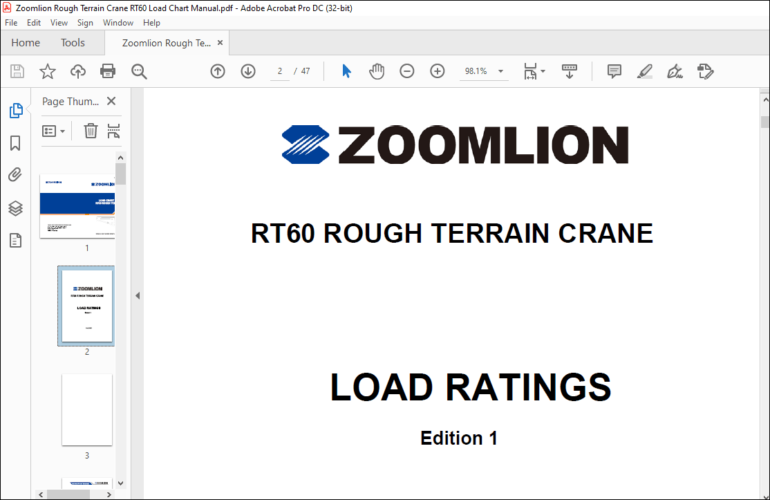 Zoomlion RT60 Rough Terrain Crane Load Chart Manual – PDF DOWNLOAD