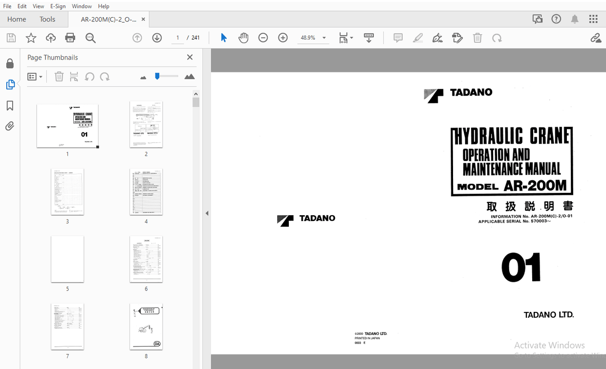 Tadano AR-200M Hydraulic Crane Operation & Maintenance Manual – PDF
