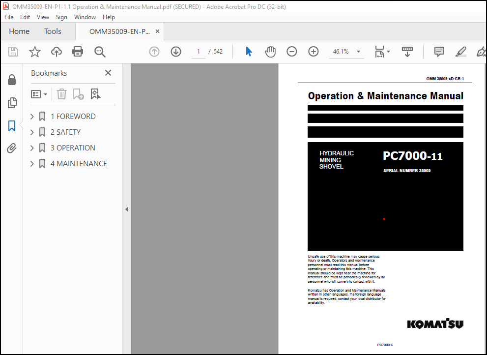 Komatsu Hydraulic Mining Shovel PC7000-11 Operation & Maintenance Manual – PDF DOWNLOAD