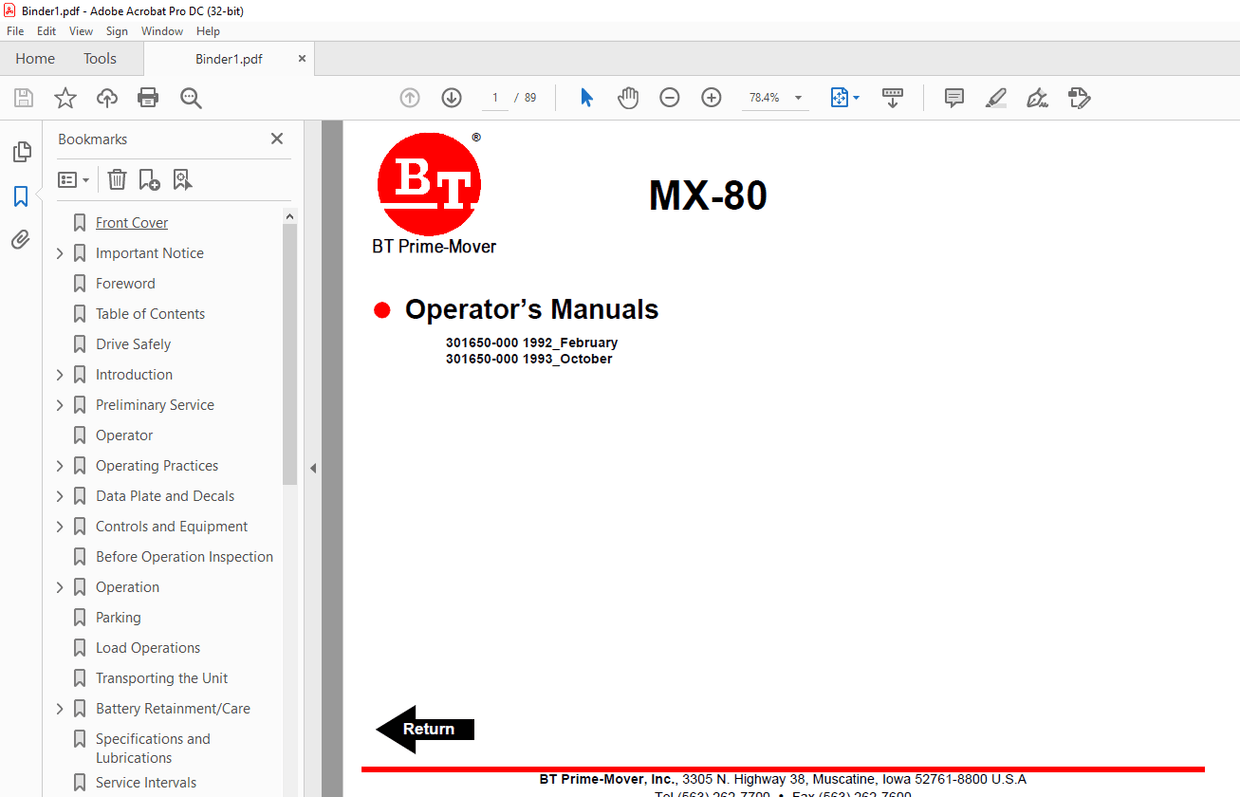 BT Forklift MX-80 Electric Low Lift Pallet Truck Operator’s Manual 9106