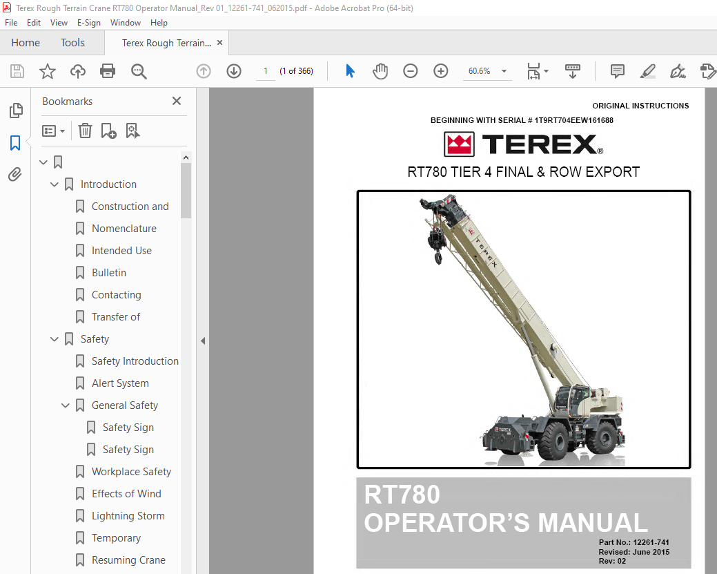 Terex Crane RT780 TIER 4 FINAL & ROW EXPORT Operator’s Manual 12261-741 – PDF DOWNLOAD