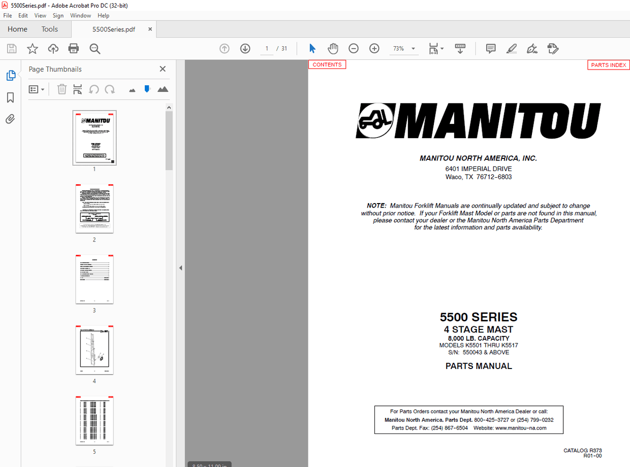 Manitou Forklift 5500 SERIES 4 STAGE MAST Parts Manual - PDF DOWNLOAD