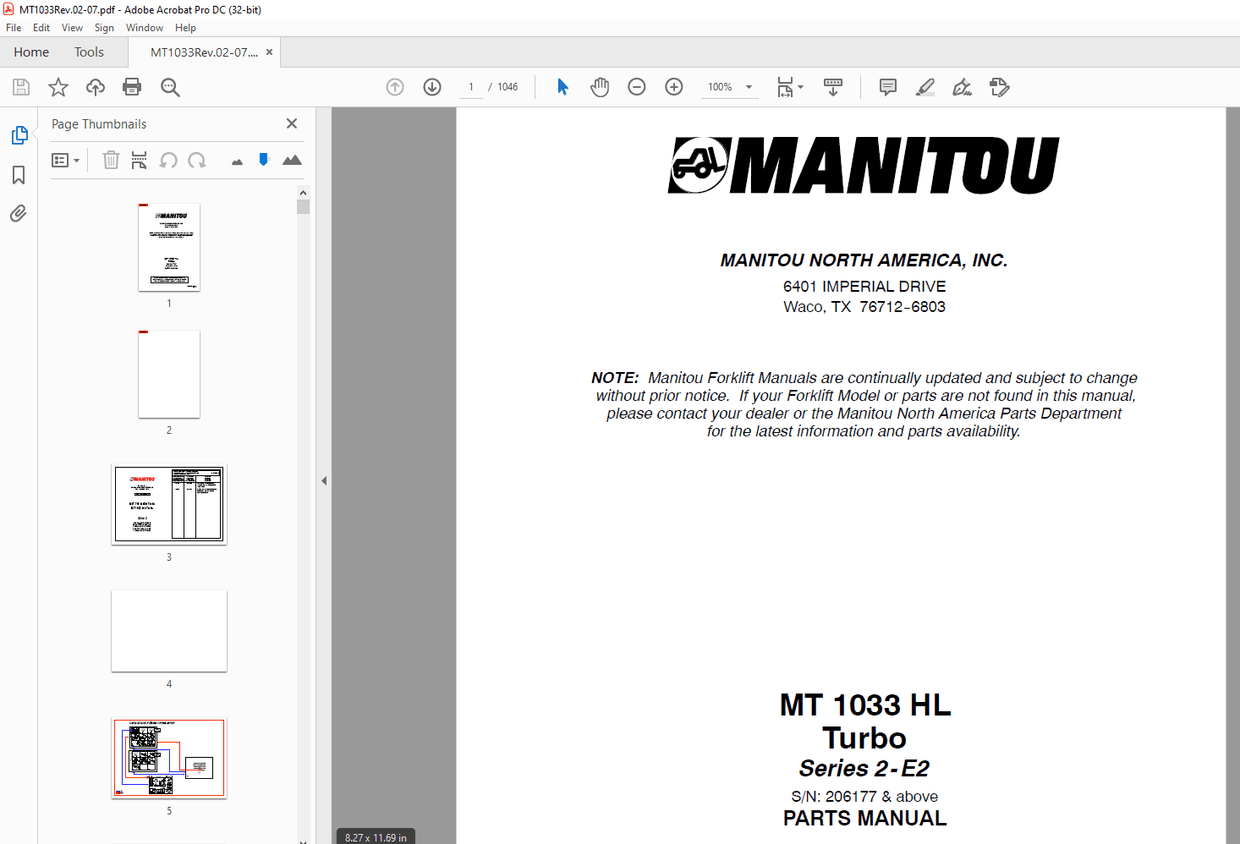MANITOU FORKLIFT MT 1033 HL Turbo Series 2-E2 PARTS MANUAL – PDF DOWNLOAD