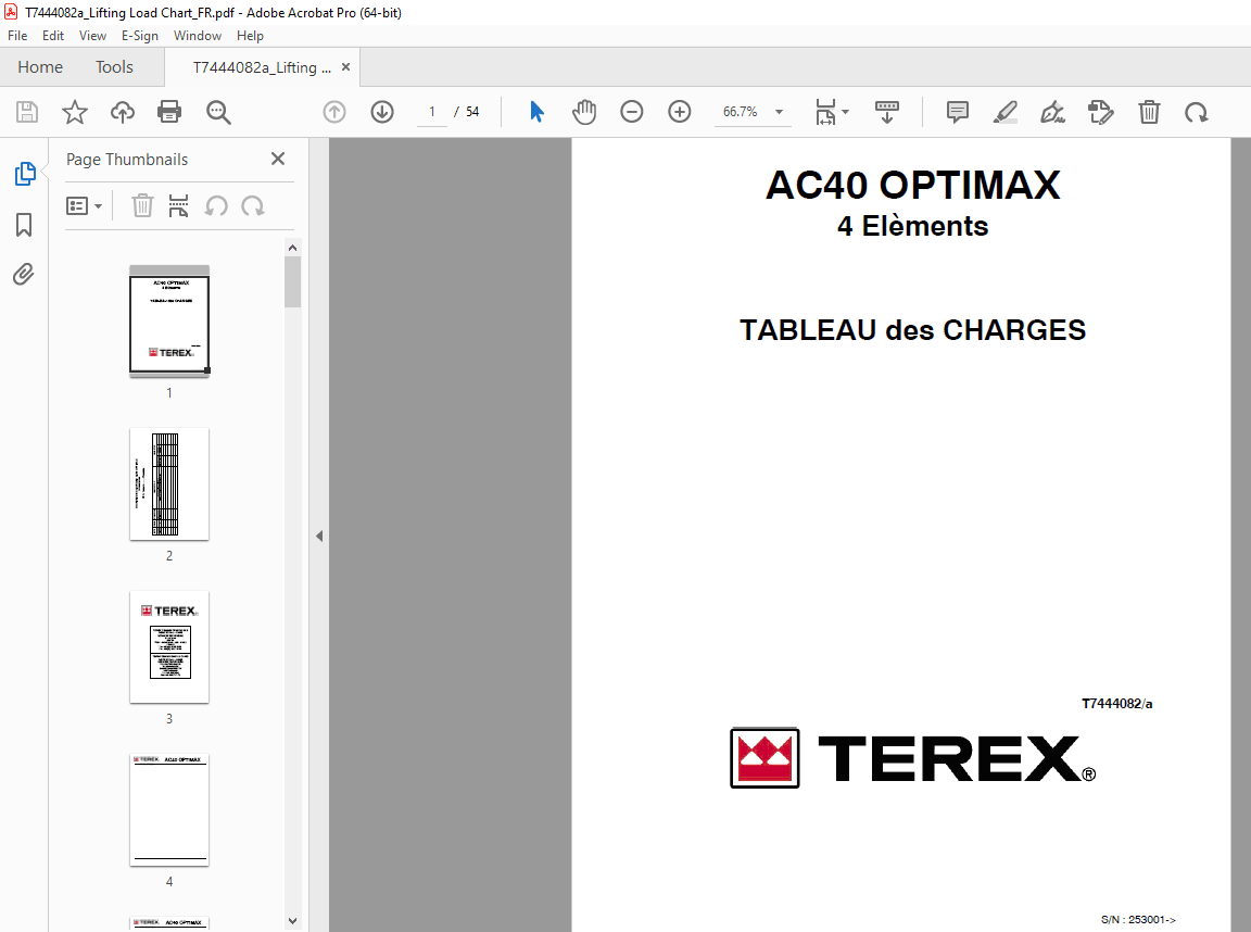 Terex Crane AC40 OPTIMAX 4 Elèments TABLEAU des CHARGES SN 253001 PDF