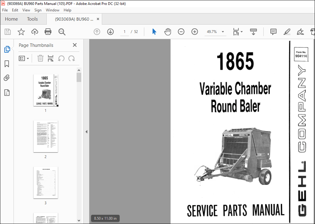 Gehl 1865 Variable Chamber Rounder Baler Service Parts Manual(904114 ...