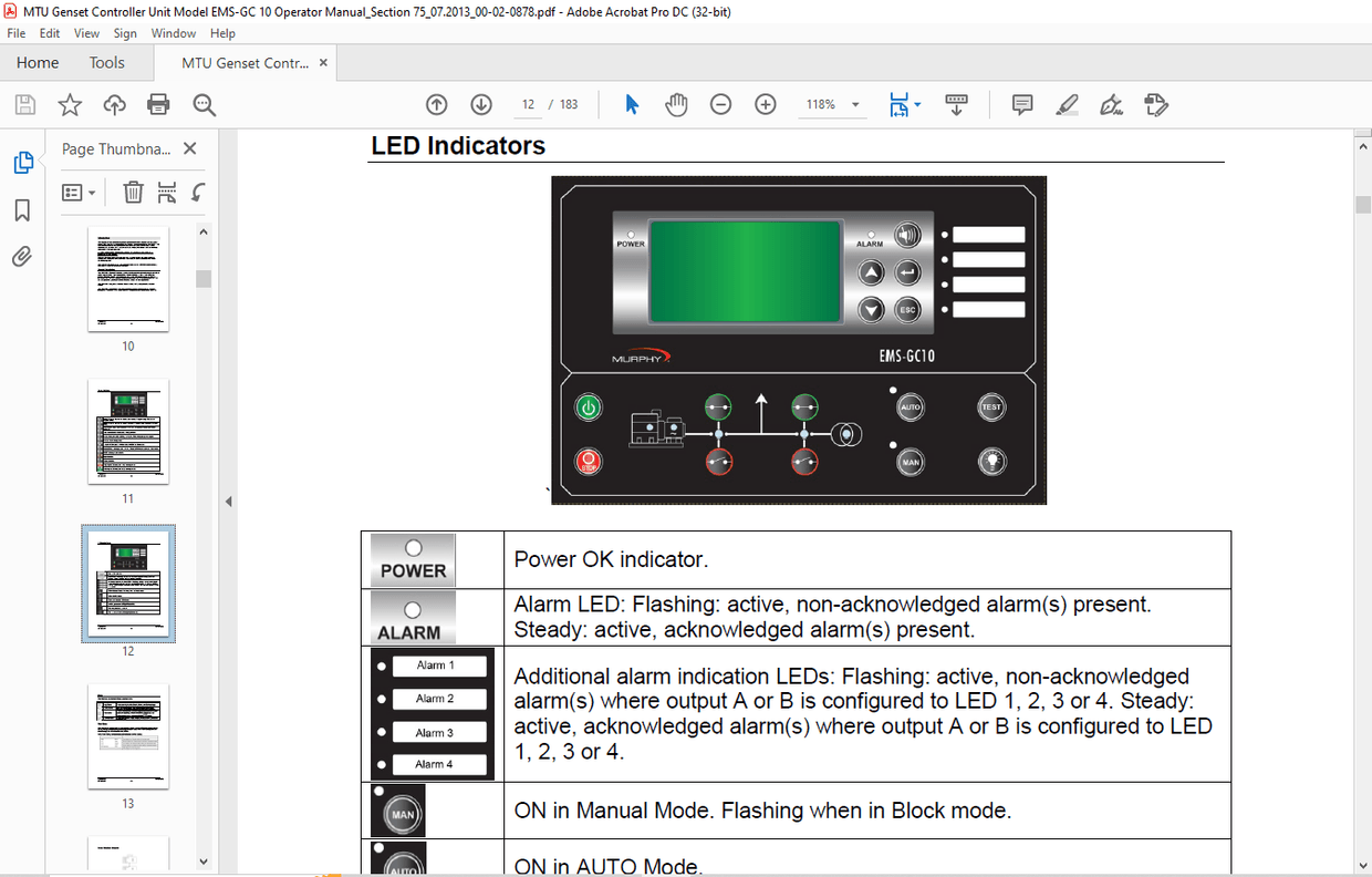 MTU MURPHY EMS-GC10 Genset Controller Unit Operator’s Manual PDF DOWNLOAD