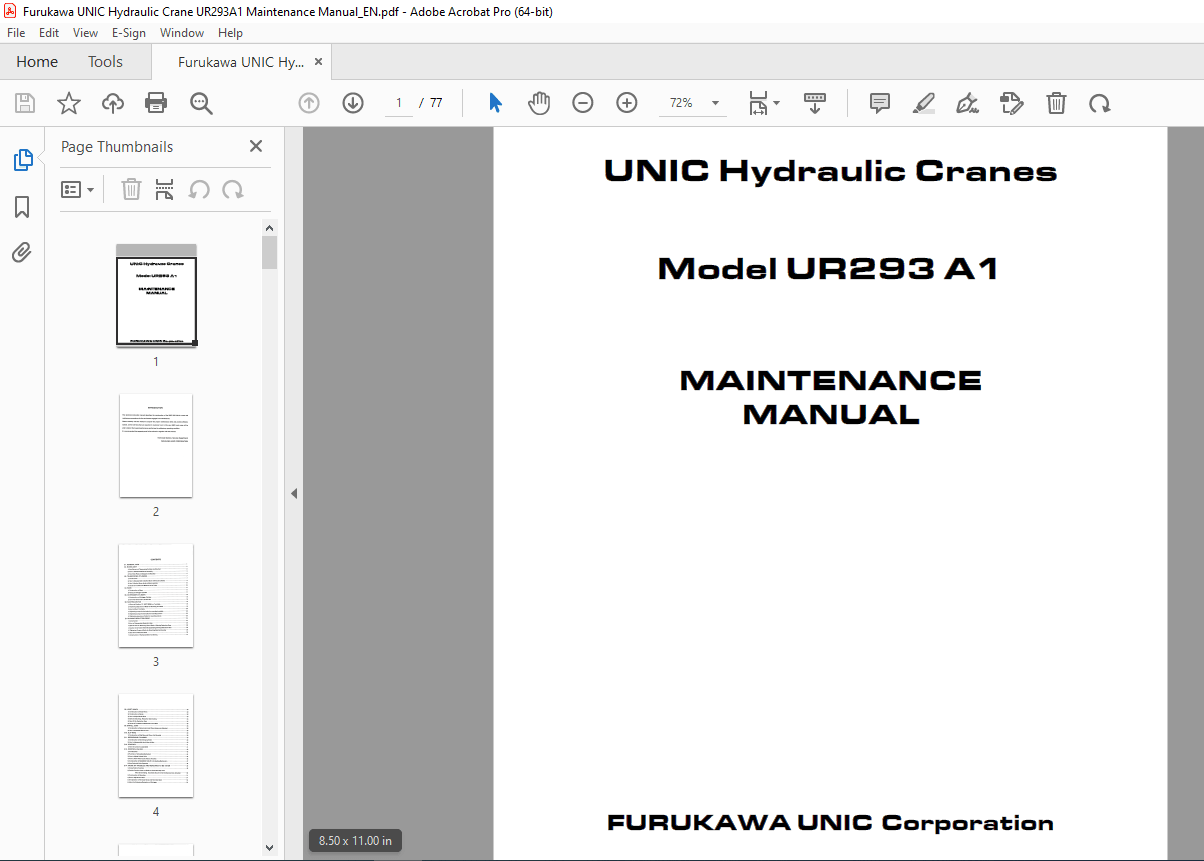 FURUKAWA UNIC Hydraulic Cranes UR293 A1 Maintenance Manual PDF DOWNLOAD