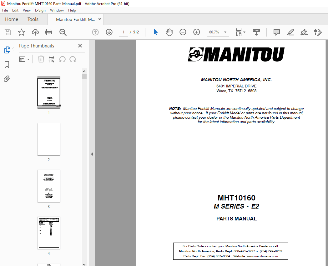 Manitou Forklift MHT10160 M SERIES -E2 Parts Manual – PDF DOWNLOAD
