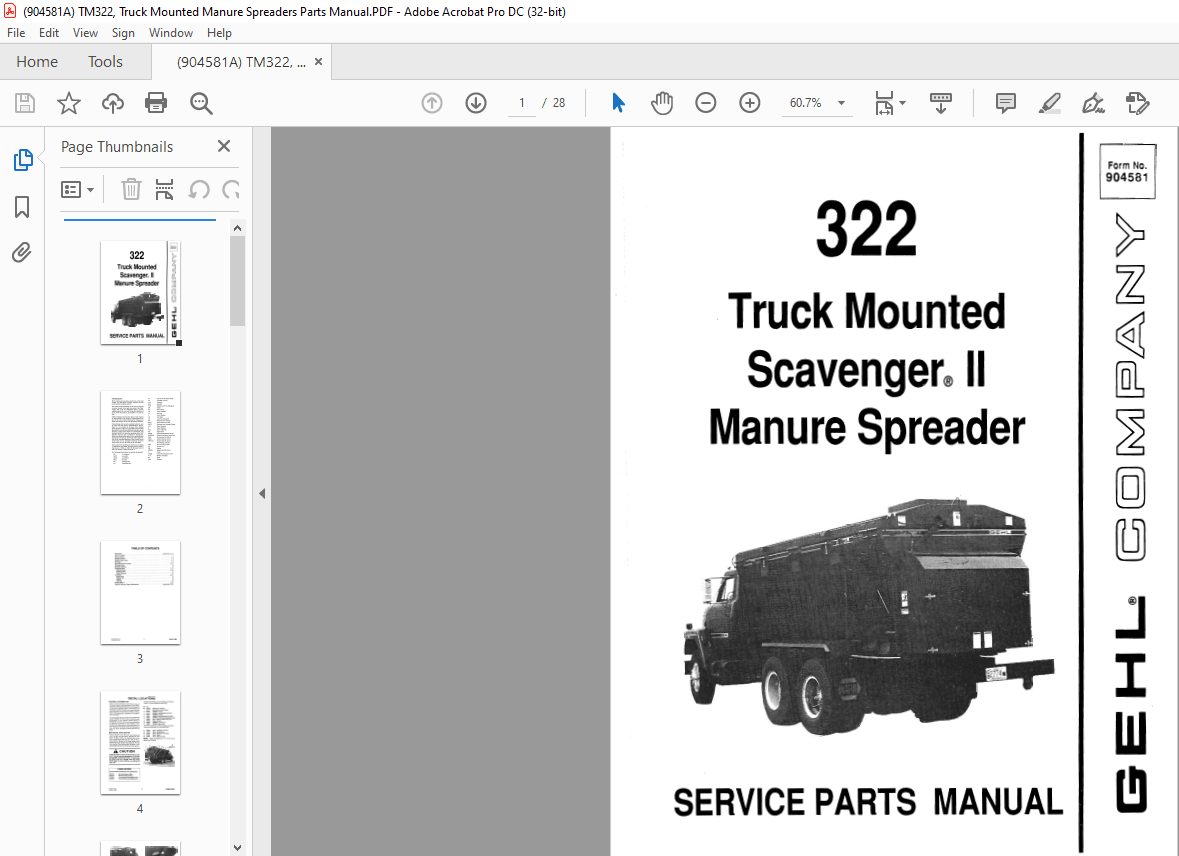 Gehl 322 Truck Mounted Scavenger II Manure Spreader Service Parts ...