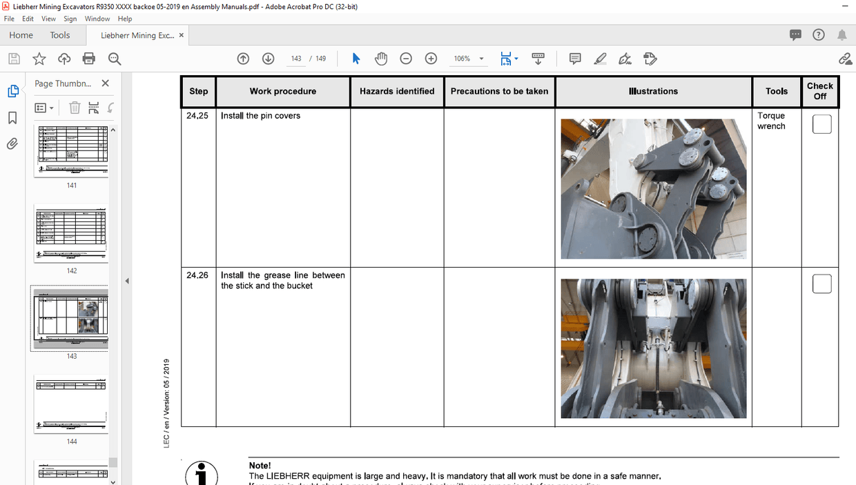 Liebherr R9350 Hydraulic excavator Backoe attachment Assembly Manual ...