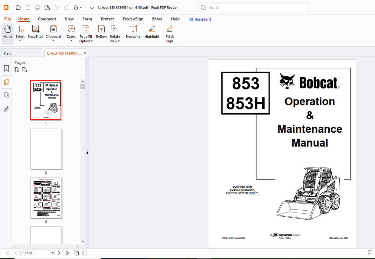 Bobcat 853 853H Operation & Maintenance Manual - PDF DOWNLOAD