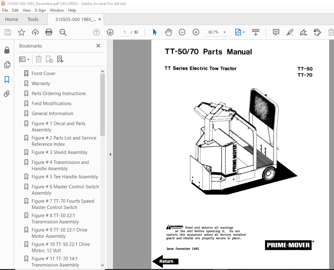 BT Prime-Mover TT Series Electric Tow Tractor TT-50 TT-70 Parts Manual - PDF DOWNLOAD