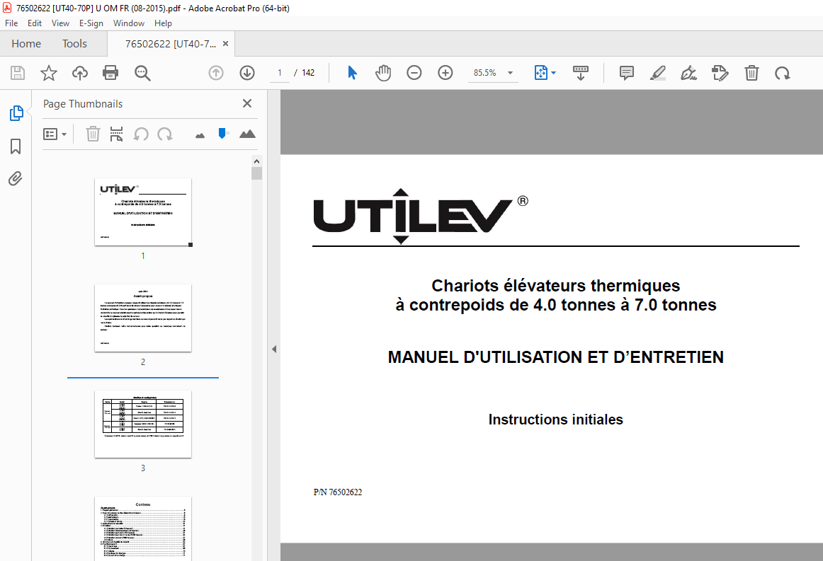 UTILEV 4.0 à 7.0 tonnes Chariots élévateurs MANUEL D’UTILISATION ET D’ENTRETIEN PDF