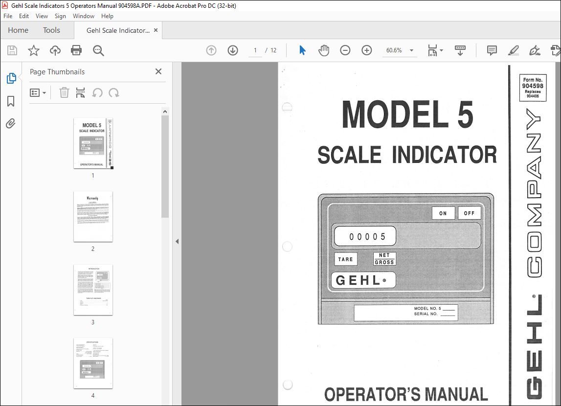 Gehl Scale Indicators 5 Operators Manual 904598A – PDF DOWNLOAD