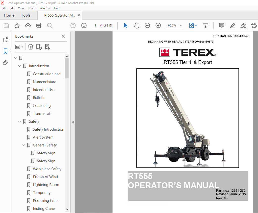 Terex Crane RT555 Tier 4i & Export Operator’s Manual 12261-270 – PDF DOWNLOAD