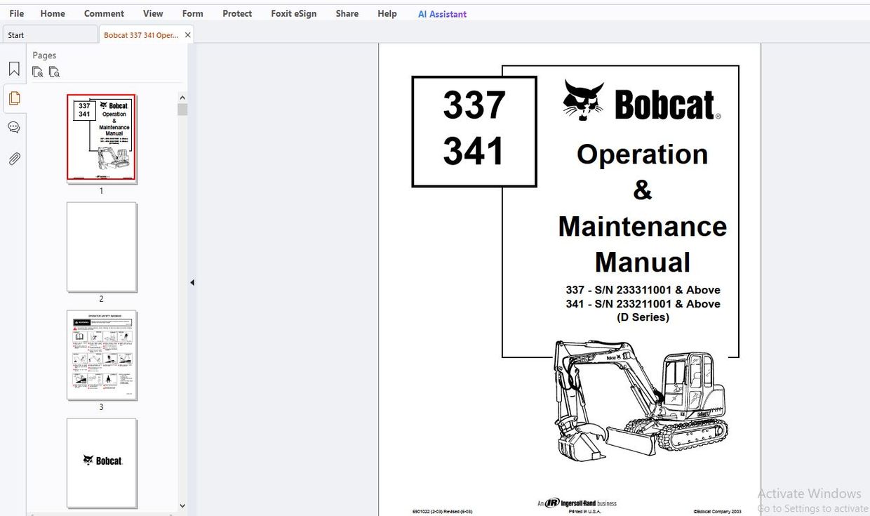 Bobcat 337 341 Operation & Maintenance Manual 6901022 - PDF DOWNLOAD
