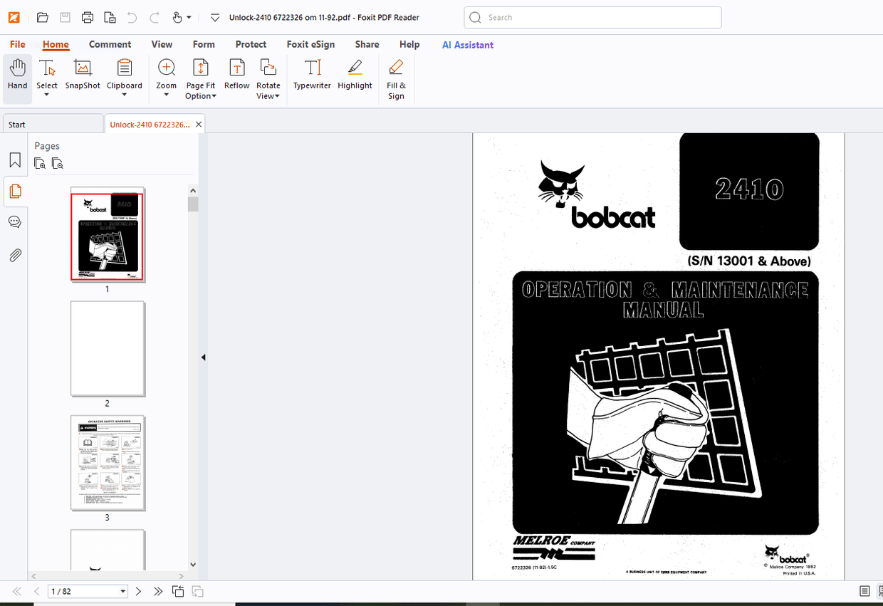 Bobcat 2410 Operation & Maintenance Manual SN 13001 & Above - PDF DOWNLOAD