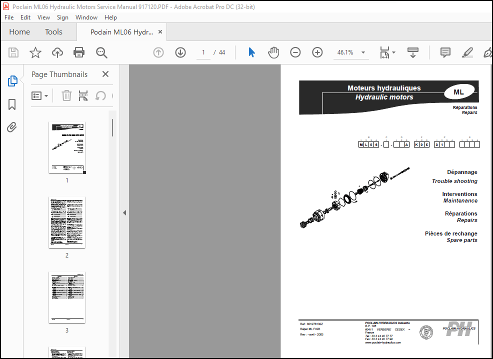 Poclain ML06 Hydraulic Motors Service Manual 917120 – PDF DOWNLOAD