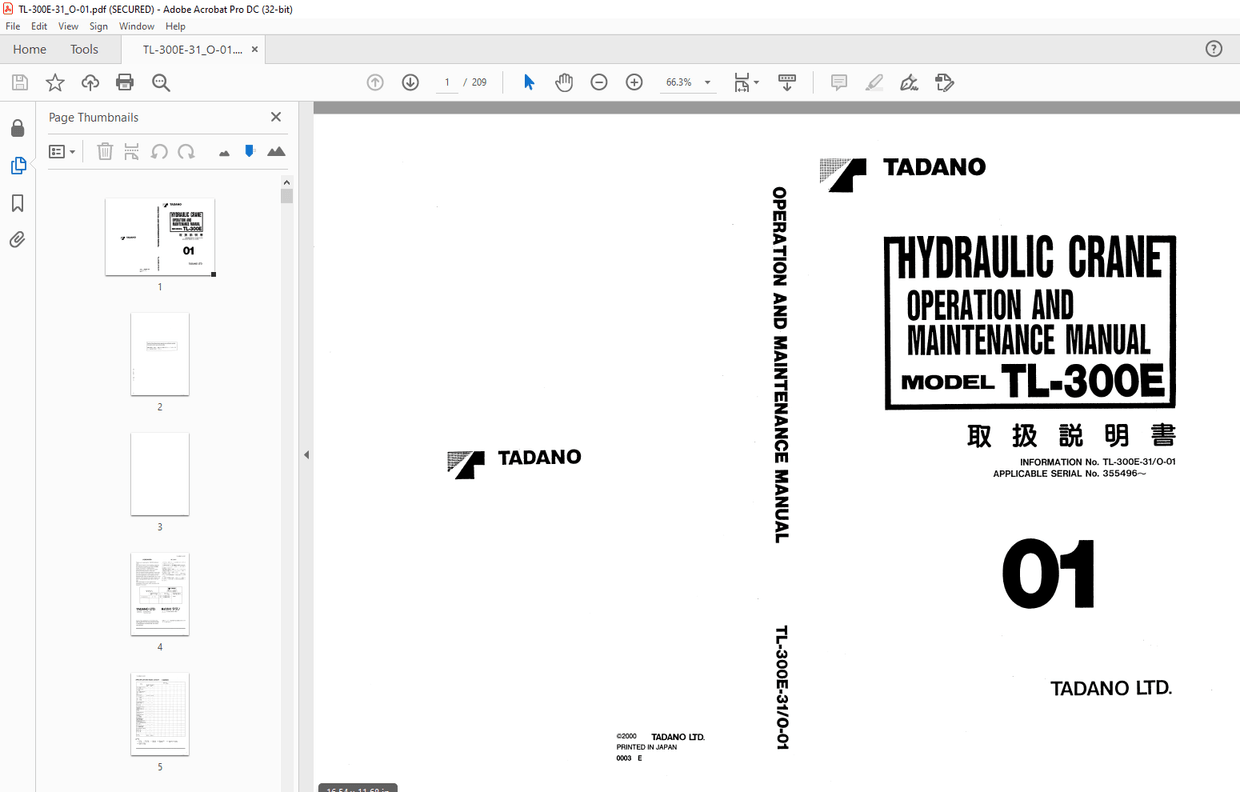 Tadano HYDRAULIC CRANE TL-300E OPERATION AND MAINTENANCE MANUAL PDF