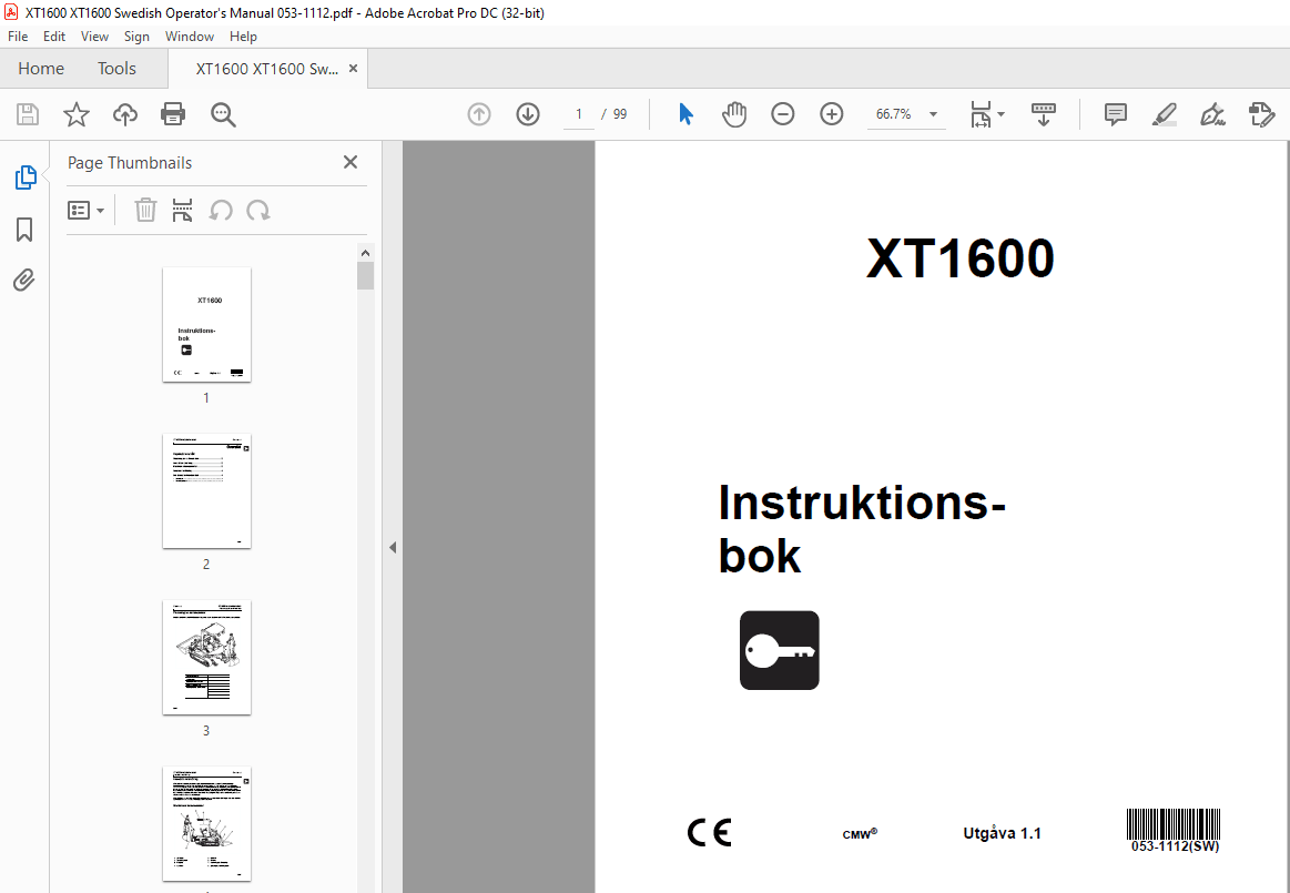 Ditch Witch XT1600 Instruktionsbok 053-1112 – PDF DOWNLOAD (Swedish)