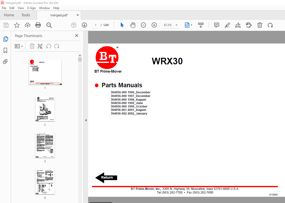 BT Prime-Mover WRX30 Electric Straddle Reach Stacker Truck Parts Manual ...