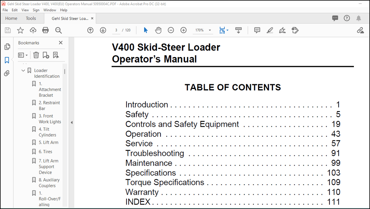 Gehl V400 V400 (EU) Skid-Steer Loaders Operator’s Manual 50950004 ...