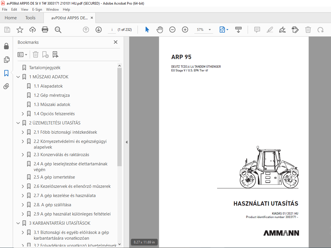 AMMANN ARP 95 DEUTZ TCD3,6 L4 TANDEM ÚTHENGER HASZNÁLATI UTASÍTÁS ...