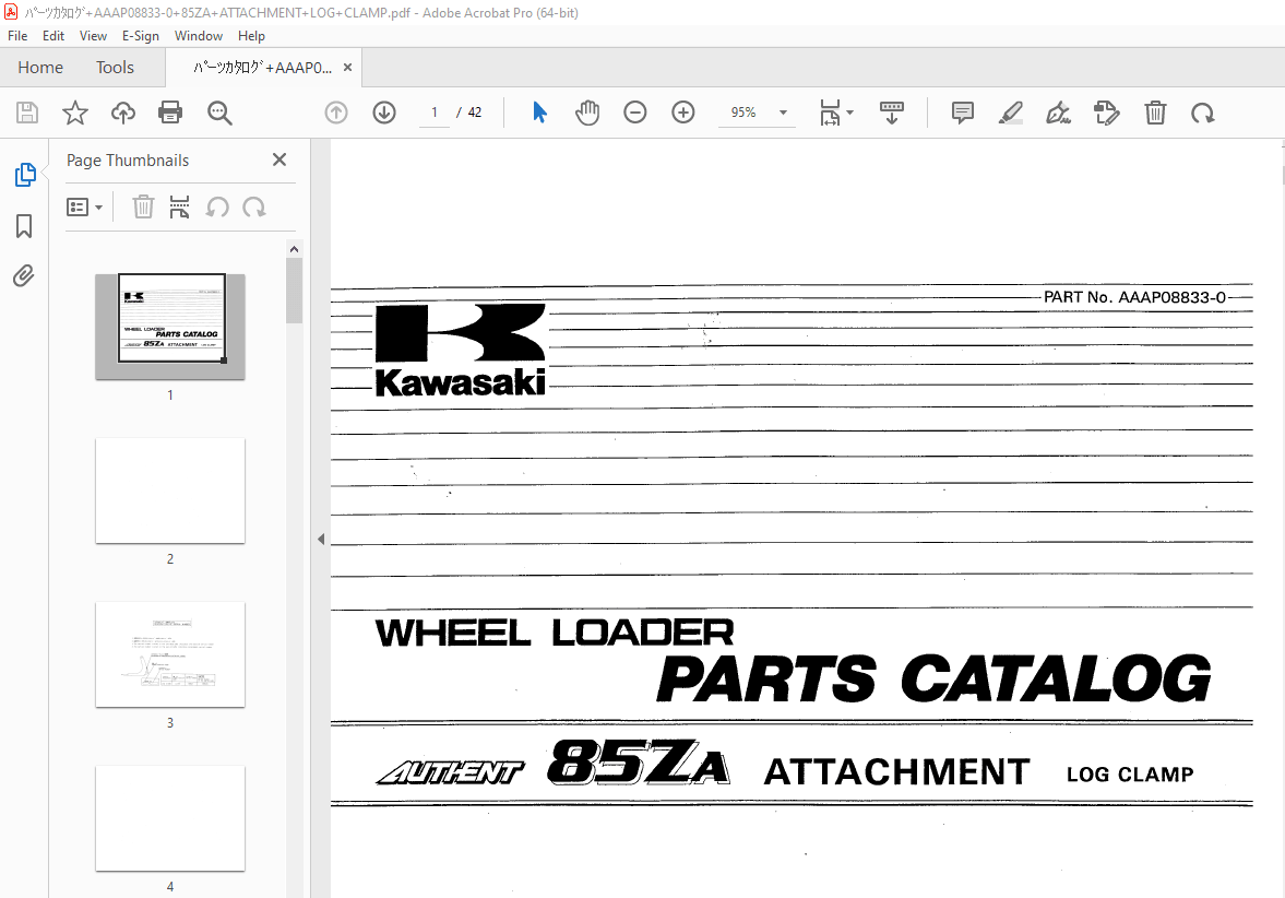 Kawasaki AUTHENT 85ZA Log Clamp Wheel Loader Parts Manual PDF