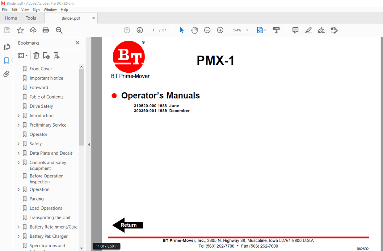 BT Forklift PMX-1 Electric Pallet Truck Operator’s Manual – PDF DOWNLOAD