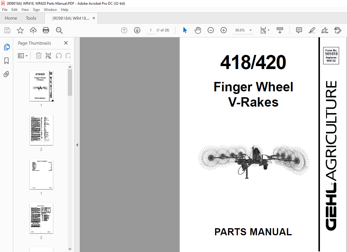 Gehl 418 420 Finger Wheel V-Rakes Parts Manual 909818 – PDF DOWNLOAD