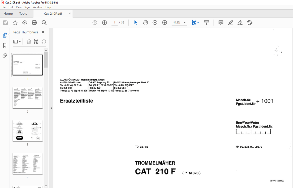 Pottinger Tractor CAT 210 F Spare parts list Manual – PDF DOWNLOAD