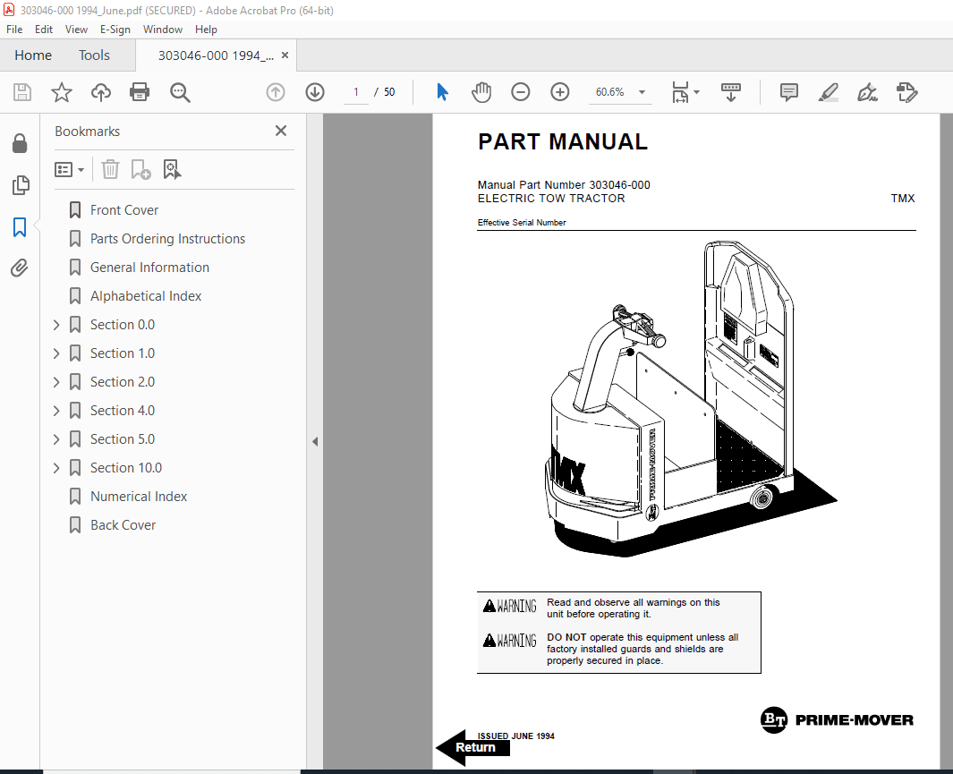 BT Prime-Mover TMX Electric Tow Tractor Parts Manual PN 303046-000 ...