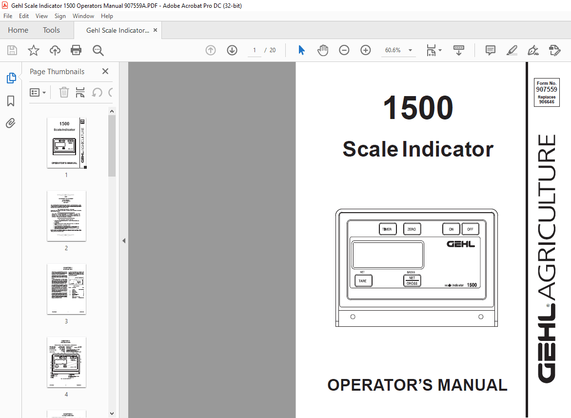 Gehl Scale Indicator 1500 Operators Manual 907559 – PDF DOWNLOAD