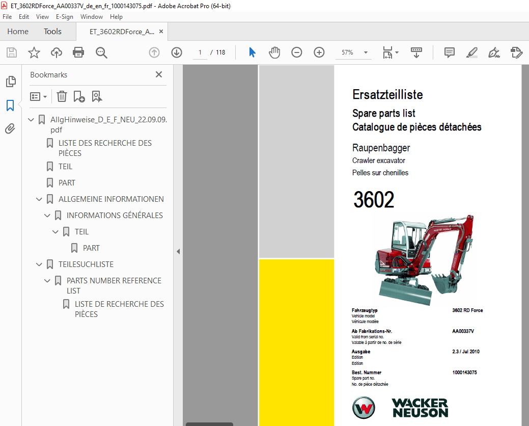 Wacker Neuson 3602 Crawler Excavator Parts Manual 1000143075 - PDF DOWNLOAD