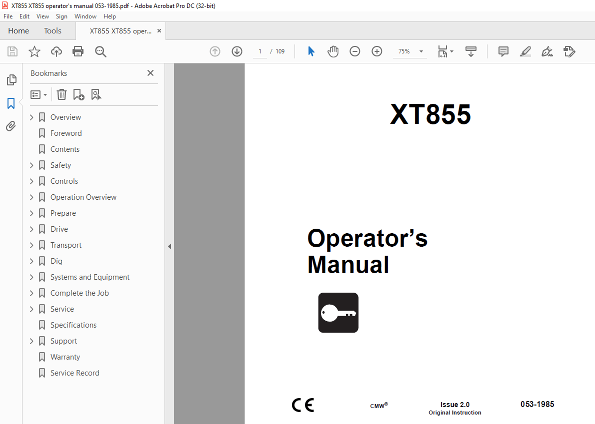 Ditch Witch XT855 Excavator Operator’s Manual PN 053-1985 PDF