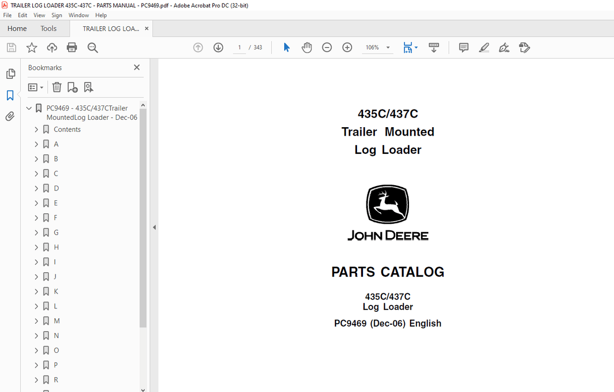 John Deere 435C/437C Trailer Mounted Log Loader Parts Manual PC9469 ...