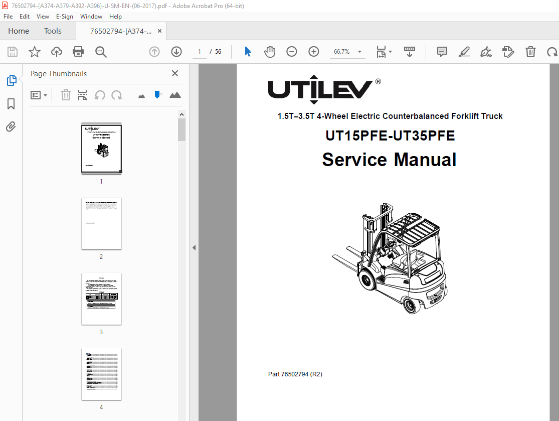 UTILEV UT15PFE UT35PFE 1.5T-3.5T 4-Wheel Electric Forklift Truck Service Manual PDF