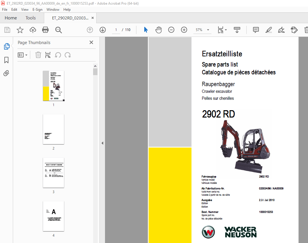 Wacker Neuson 2902 RD Crawler Excavator Parts Manual 1000015253 - PDF ...
