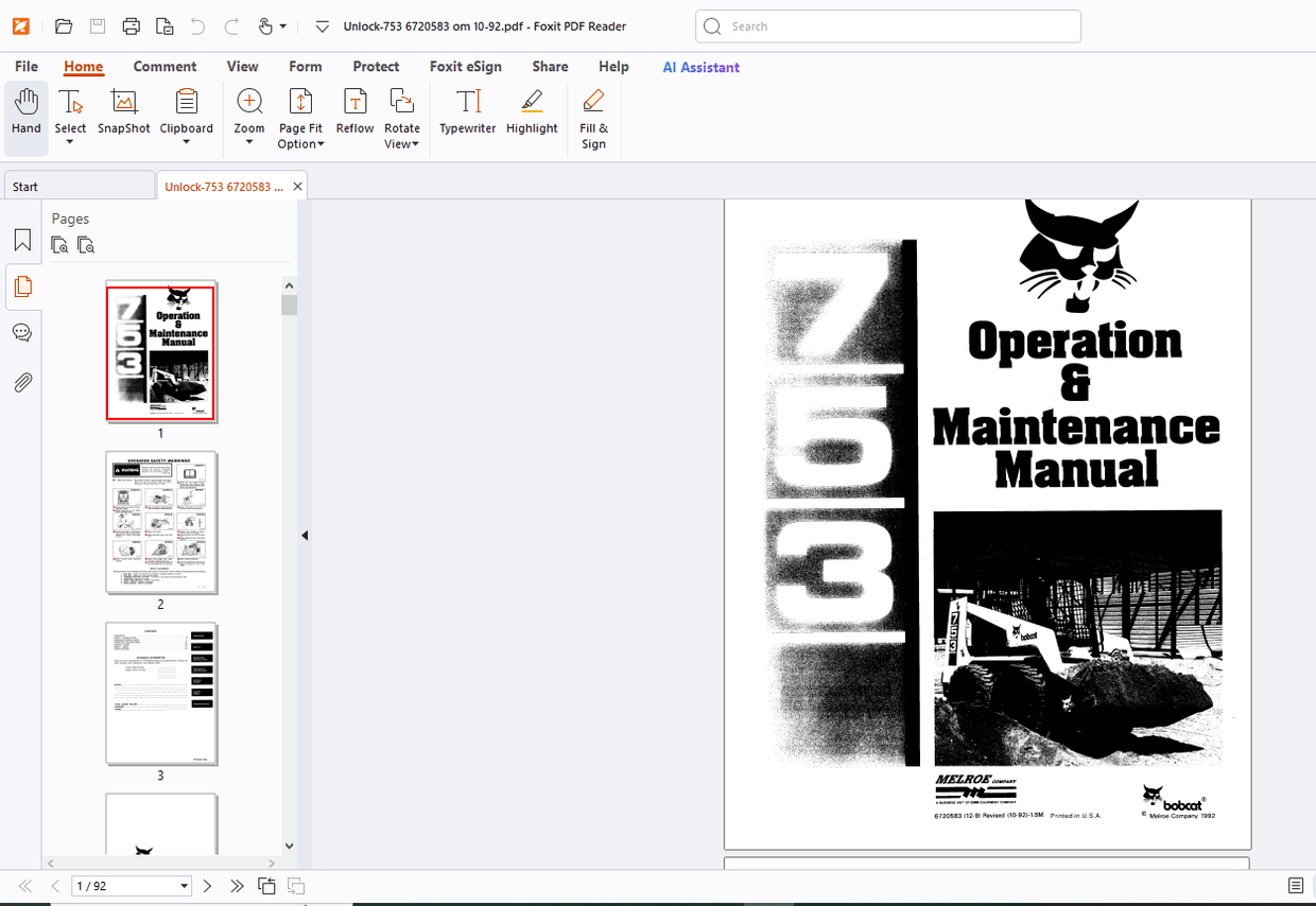 Bobcat 753 Operation & Maintenance Manual - PDF DOWNLOAD