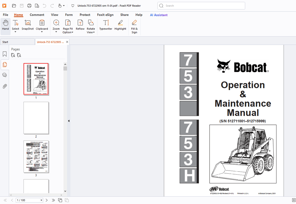 Bobcat 753 753H Operation & Maintenance Manual - PDF DOWNLOAD