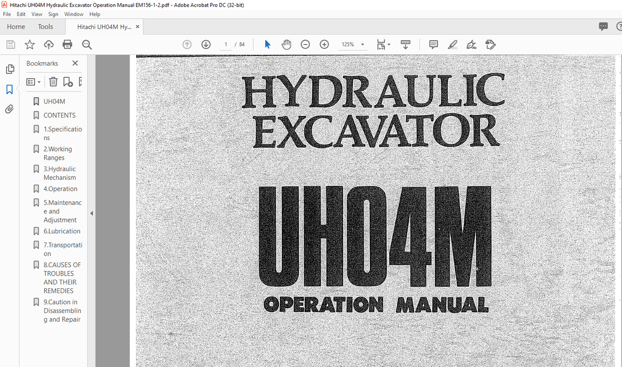 Hitachi UH04M Hydraulic Excavator Operation Manual EM156-1-2 – PDF DOWNLOAD