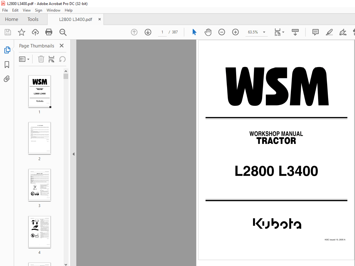Kubota Tractor L2800 L3400 Workshop Manual – PDF DOWNLOAD