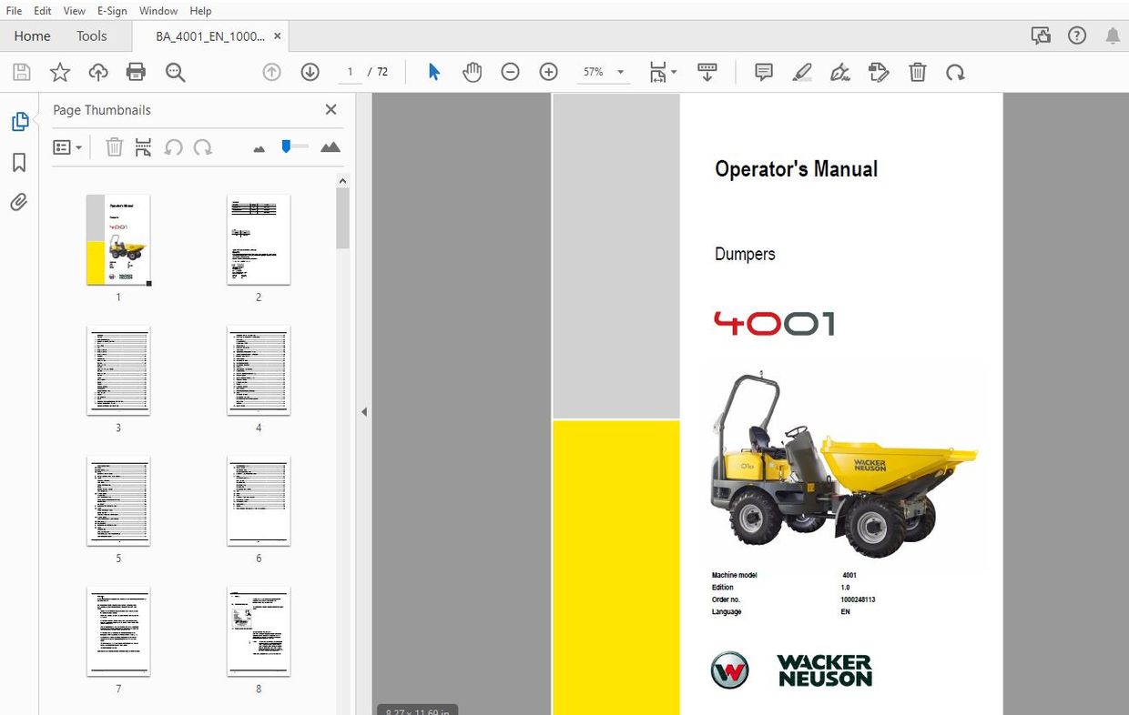 WACKER NEUSON 4001 DUMPERS OPERATOR’S MANUAL 1000248113 – PDF DOWNLOAD