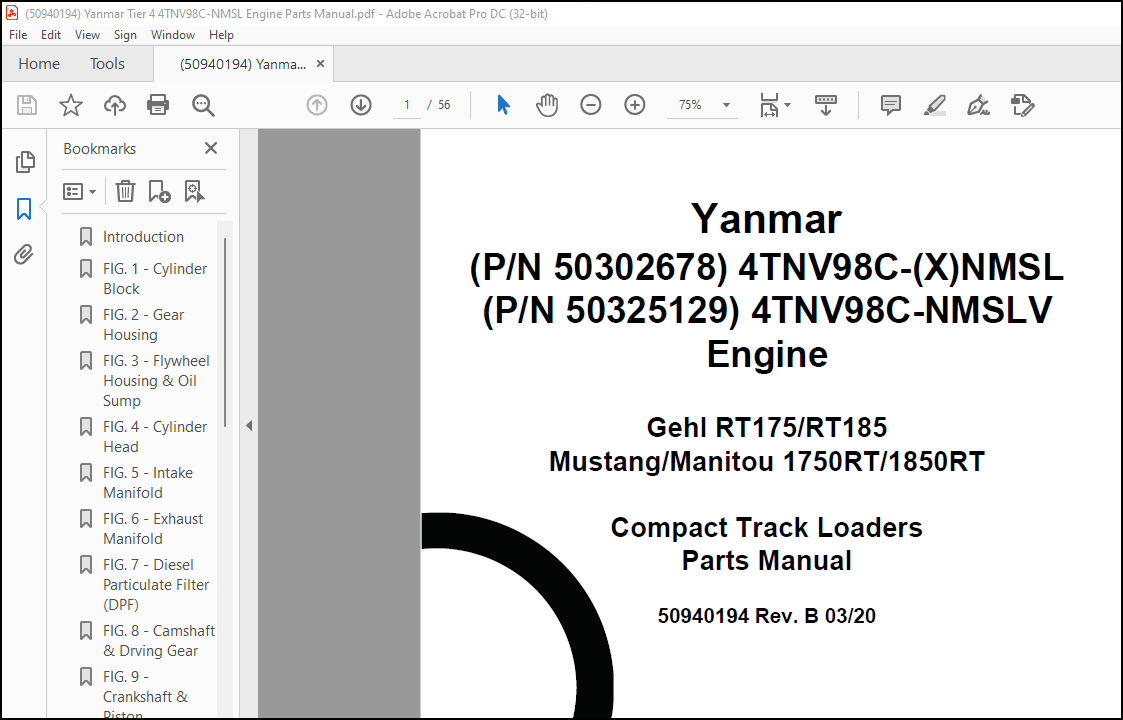 Yanmar Tier 4 4TNV98C-NMSL Engine Parts Manual 50940194 – PDF DOWNLOAD