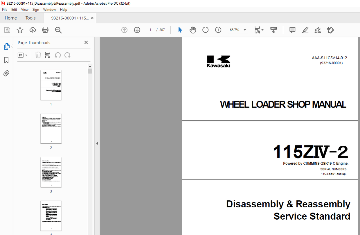 Kawasaki 115ZIV-2 CUMMINS QSK19-C Engine WHEEL LOADER SHOP MANUAL AAA-S11C3V14-012 - PDF DOWNLOAD