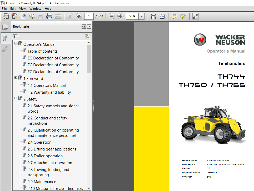 Wacker Neuson Telehandlers TH744 TH750 TH755 Operator's Manual PDF DOWNLOAD