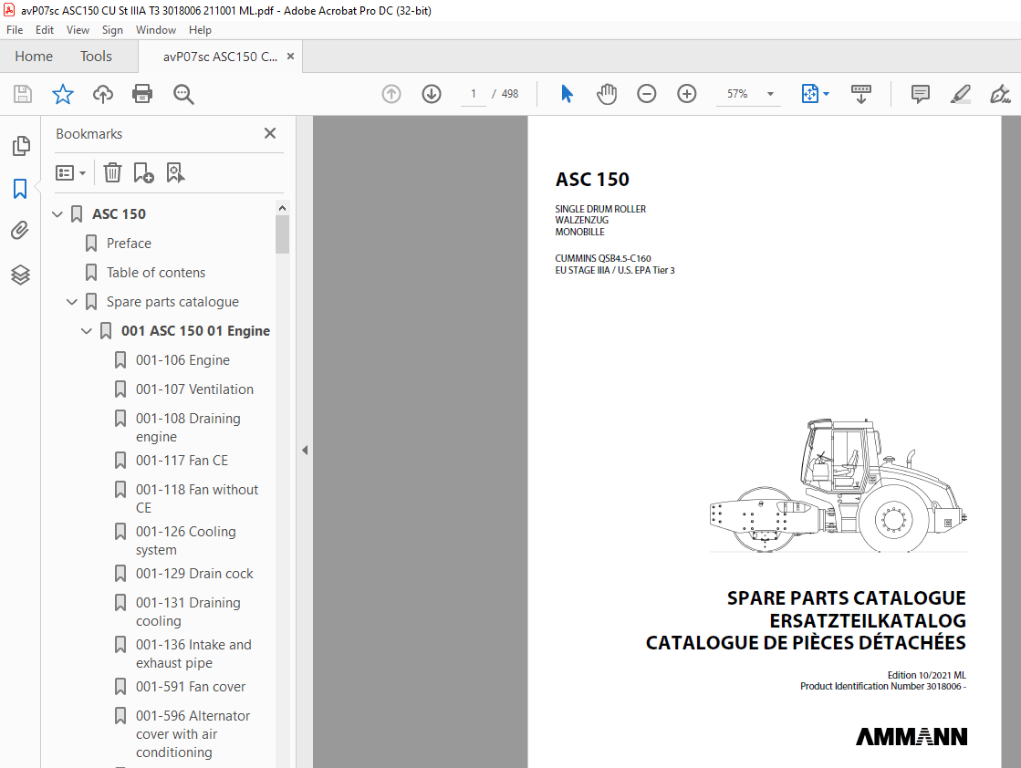 Ammann ASC 150 Single Drum Roller Parts Manual 3018006 PDF