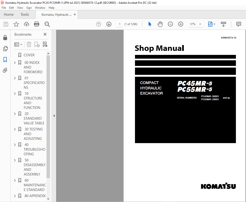 Komatsu PC45MR-5 PC55MR-5 Compact Hydraulic Excavator Shop Manual ...