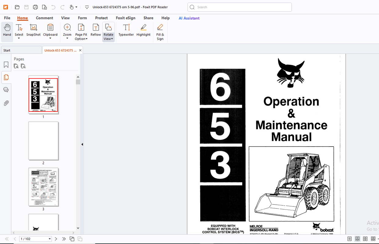 Bobcat 653 Operation & Maintenance Manual - PDF DOWNLOAD